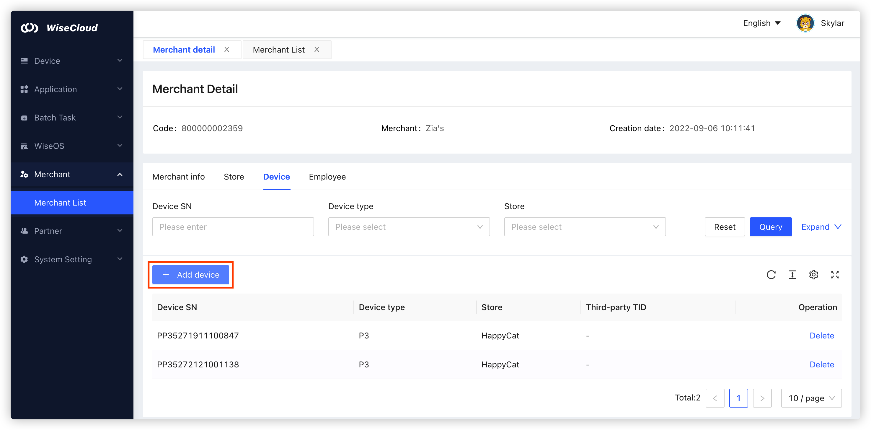 Step 2 - Select store and then enter the device SN.